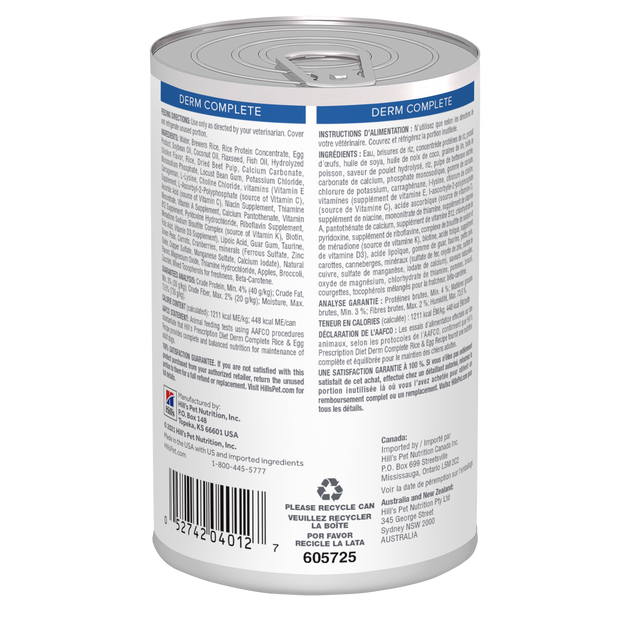 Hill's - 犬用 Derm Complete (皮膚全能照護) 米與蛋配方罐頭 (13安士) / Prescription Diet ...